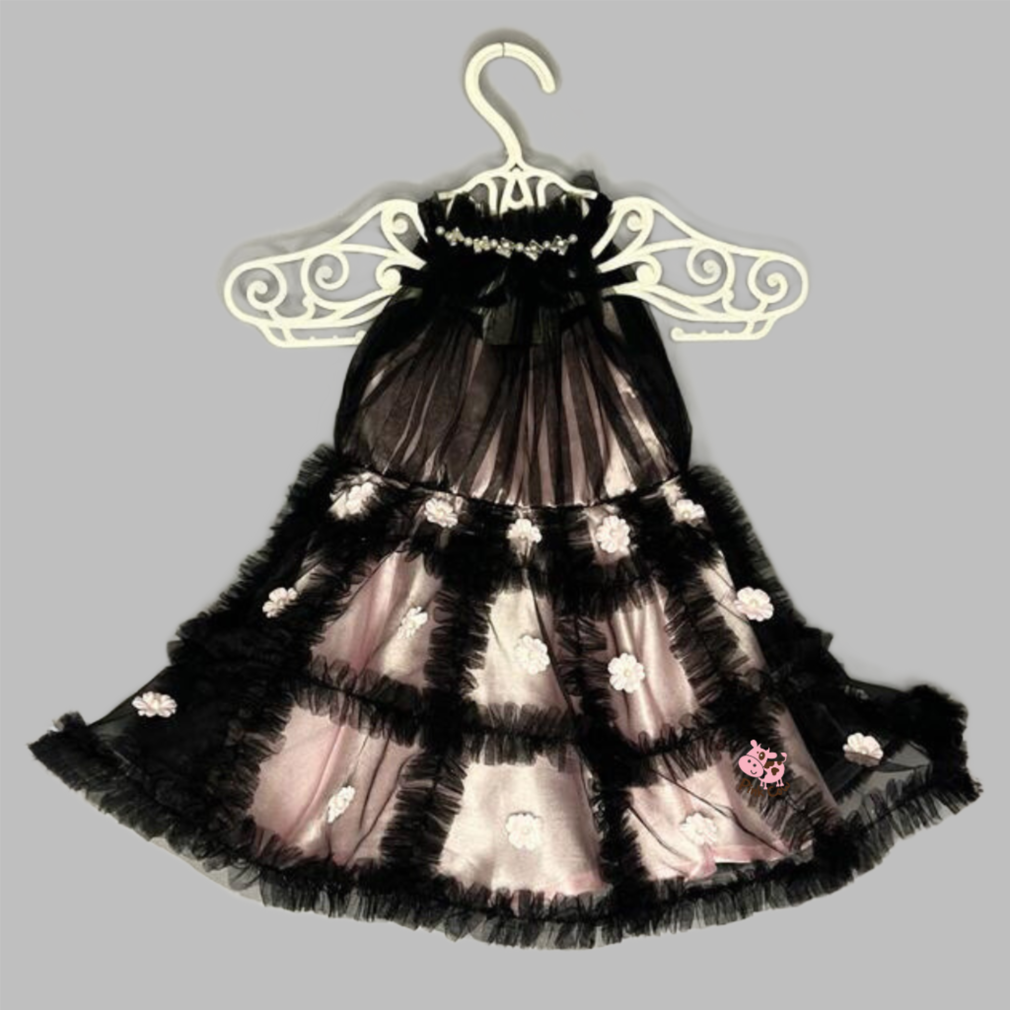 Flower And Pearls Embellished Ruffle Frilly Black Dress – Pinkcow ...