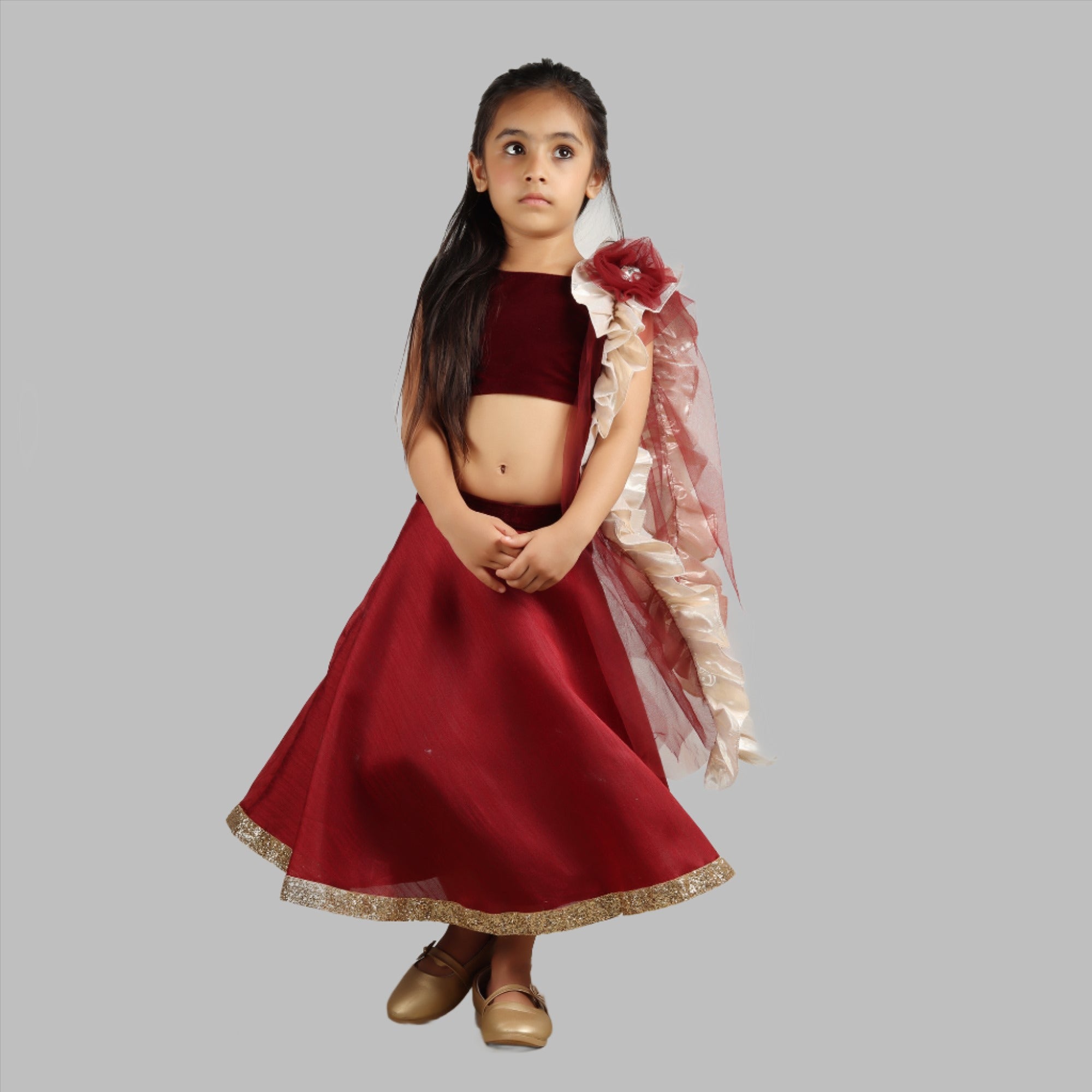 MAROON GHAGRA CHOLI WITH FRILL DUPATTA – Pinkcow Designs Private Limited